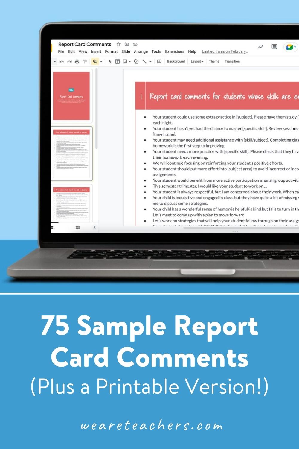 Sample Report Card Comments for Any Teaching Situation