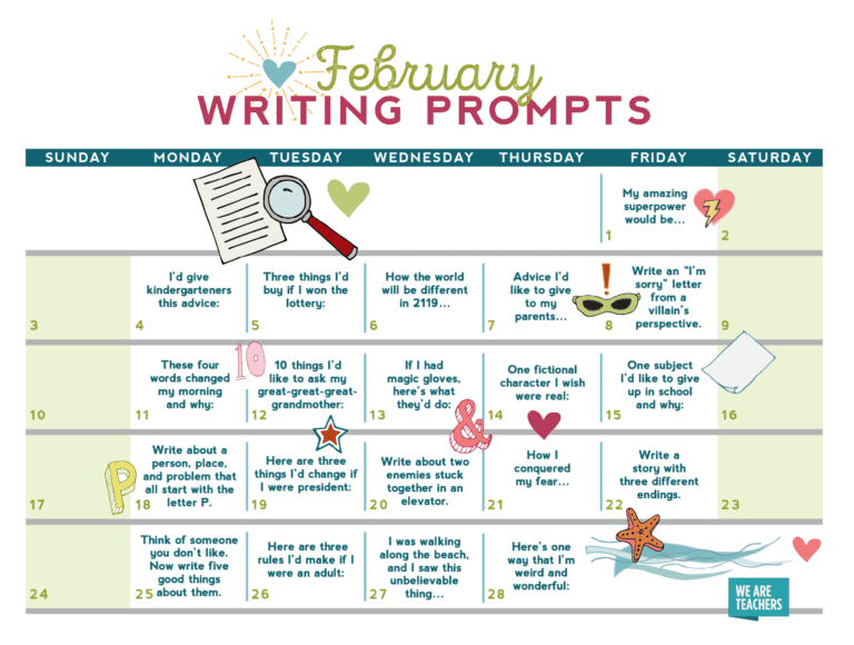 FREE: February Writing Prompts Calendar - We Are Teachers